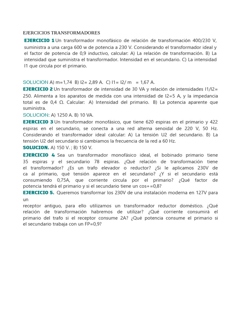 EJERCICIOS TRAFOS MONOFASICOS | PDF
