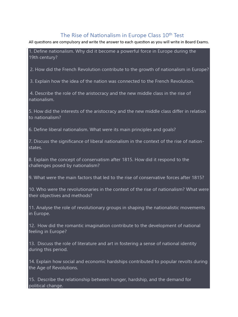 Nationalism in Europe: Class 10 Test | PDF | Nationalism | Imperialism