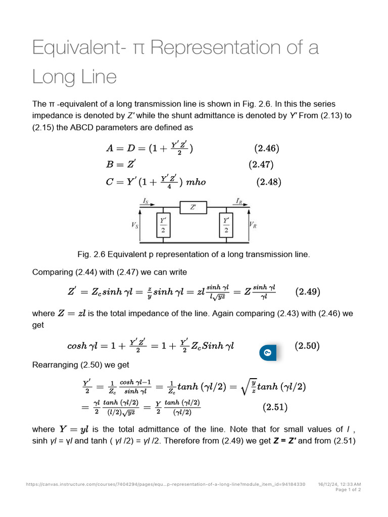 Equivalent- π Representation of a Long Line- Power System Planning and ...