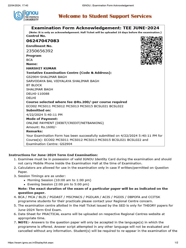 IGNOU - Examination Form Harshit | PDF | Payments | Banking Technology