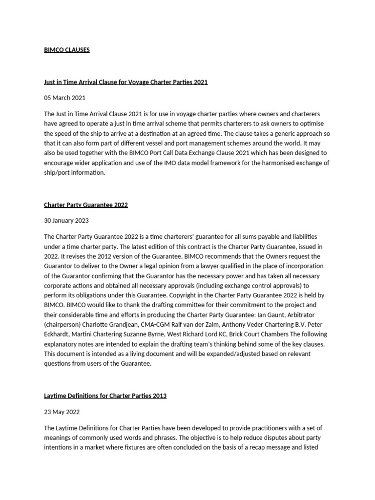 BIMCO Clauses for Charter Parties 2021 | PDF | Bill Of Lading | Breach ...
