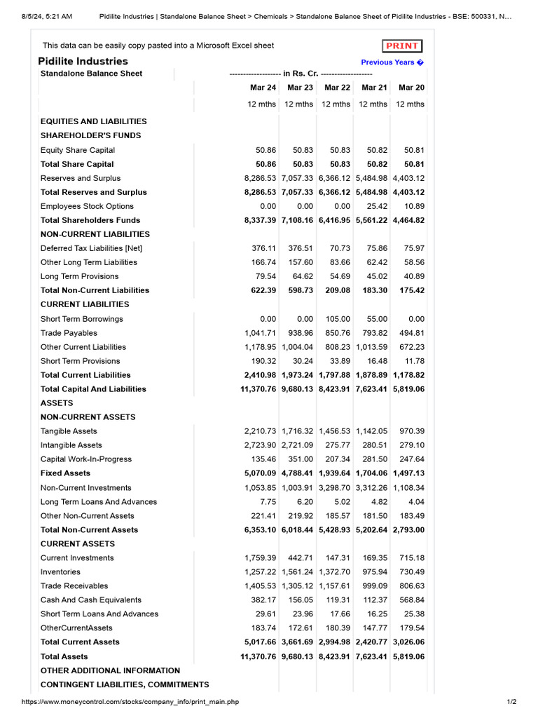pidilite balance sheet | PDF | Balance Sheet | Equity (Finance)