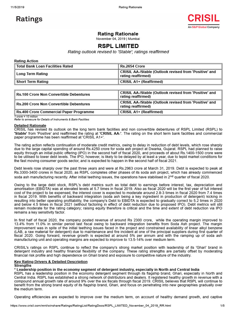 RSPL Limited - (Crisil) 4th November 2019 | PDF | Debt | Damages