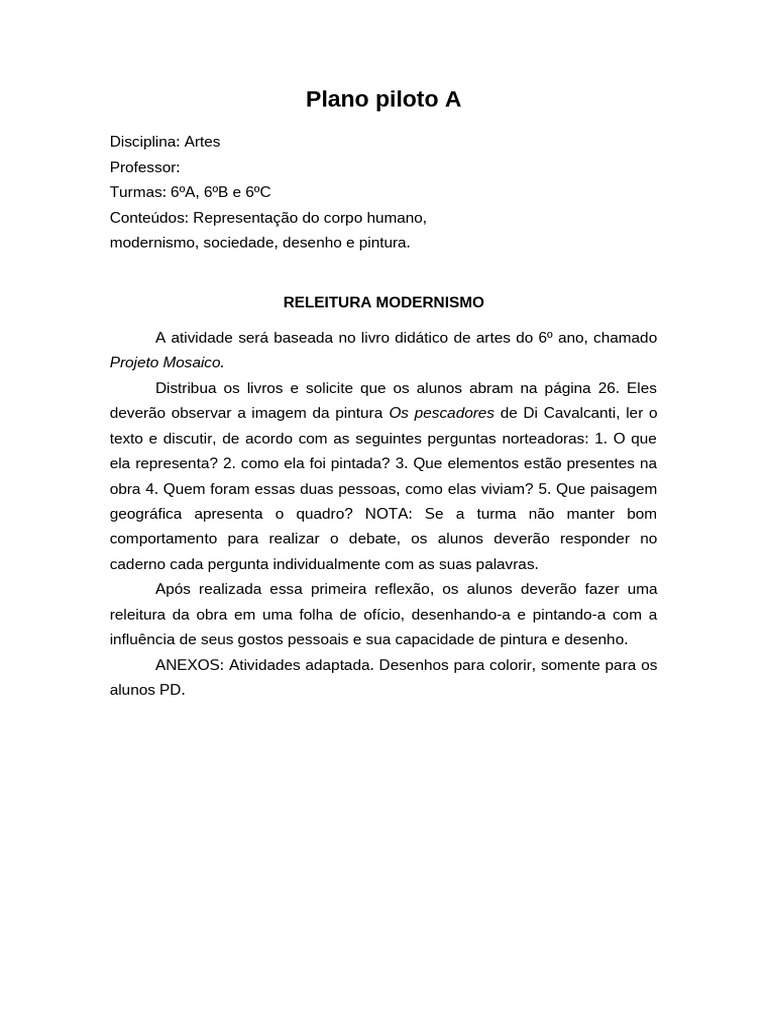 6º ANO - Plano Piloto A (Cópia Professor + 70 Fls em Branco) | PDF