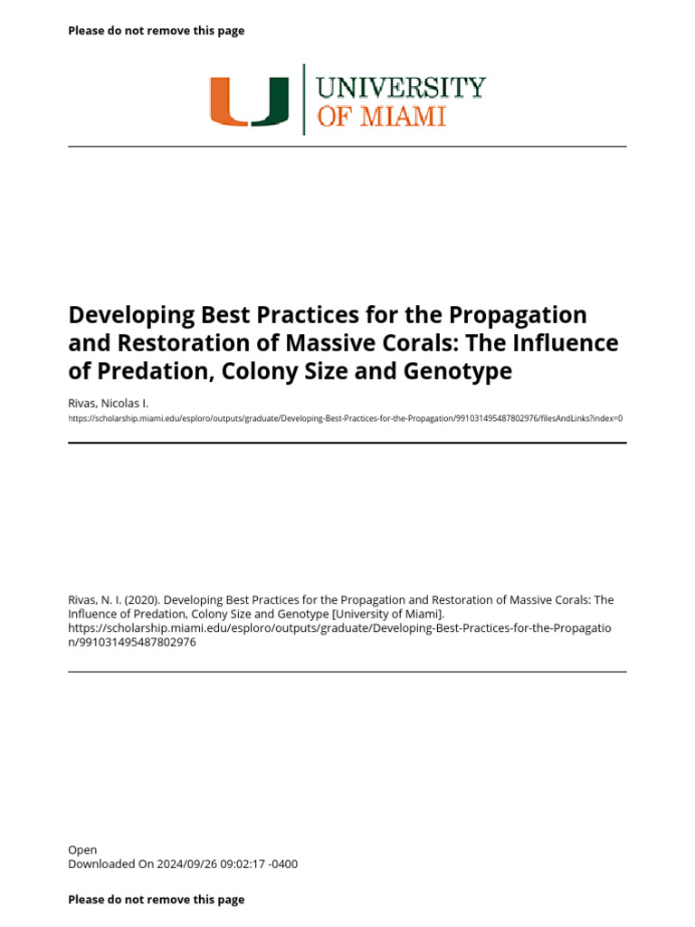 2020 Developing Best Practices For The Propagation And Restoration Of Massive Corals The