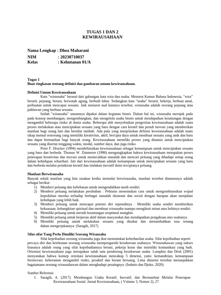 Tugas Kewirausahaan 1 Dan 2 - PHUTC01 - Dhea Maharani | PDF