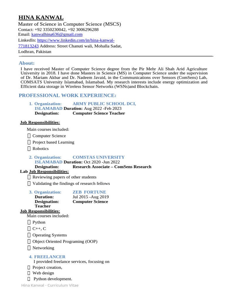 Hina Kanwal (CV)-MSCS (1) | PDF | Islamabad | World Politics