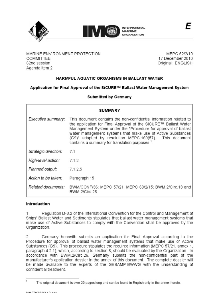 Ballast Water Management System Submitted by Germany (IMO) | PDF ...