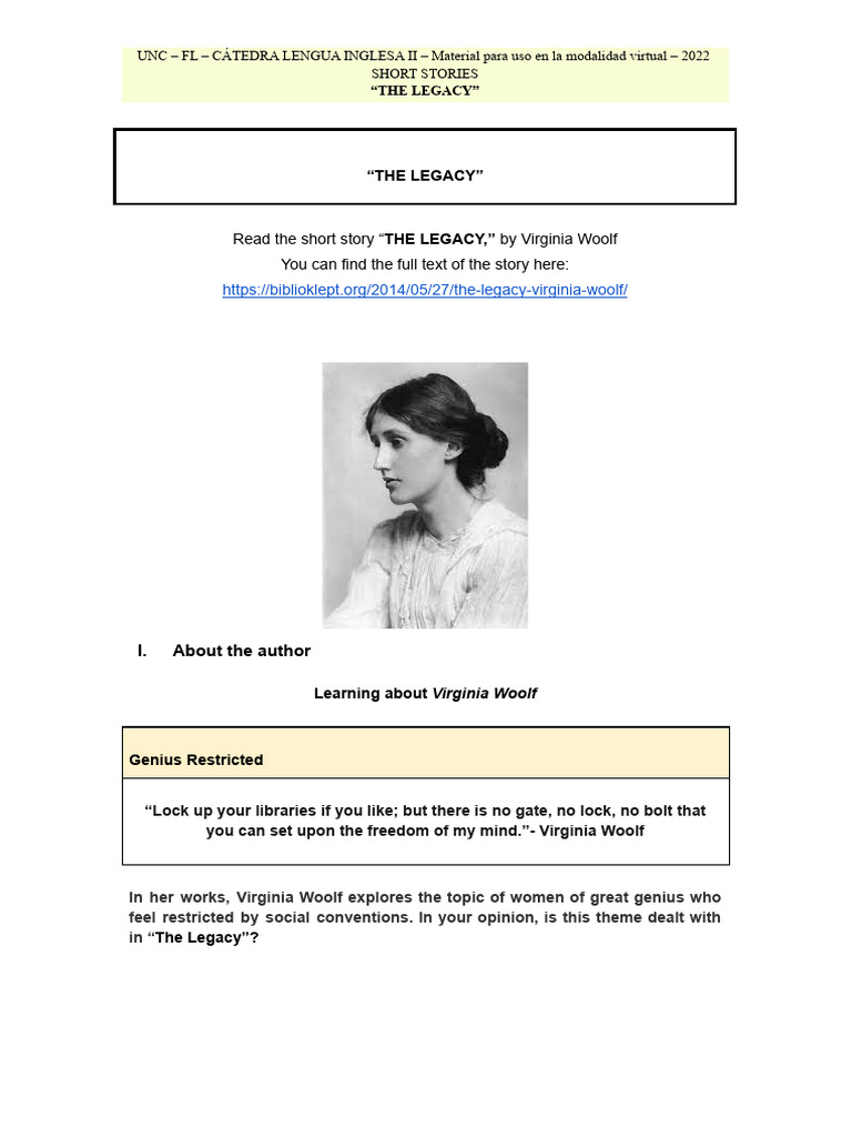 THE LEGACY - Activities - 2022 | PDF | Virginia Woolf | Psychology