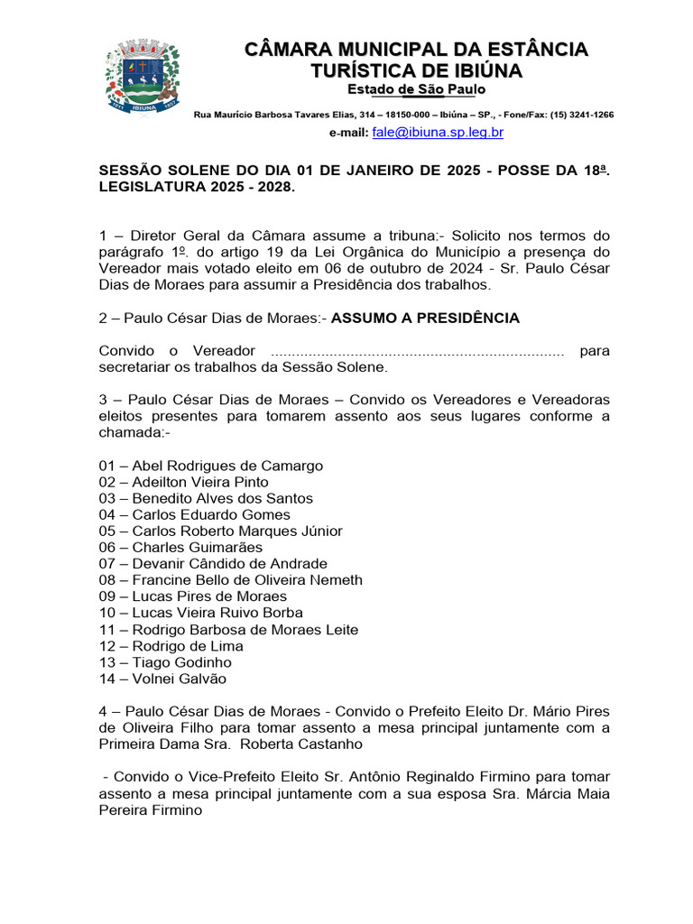 Roteiro Sessão Solene Posse | PDF | Vereador | Governo