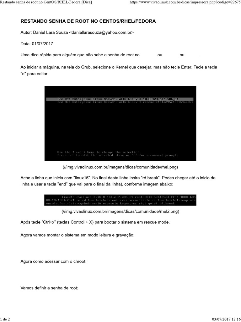 Linux - Restando Senha de Root No Centos-Rhel-Fedora | PDF