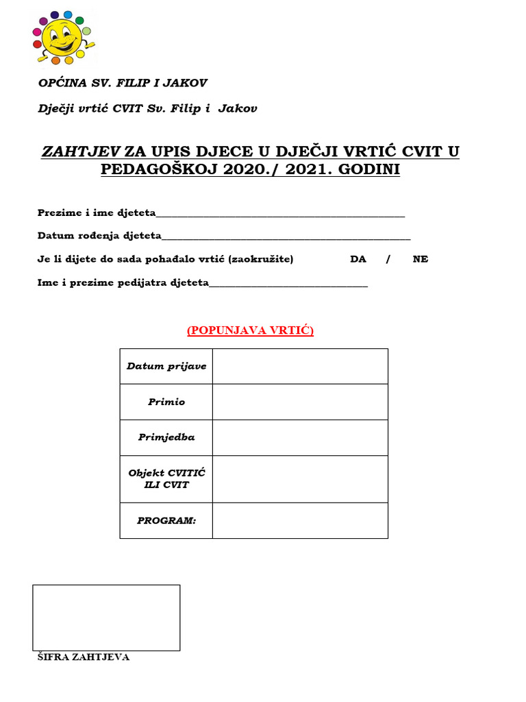 Zahtjev Za Upis 2020 2021 | PDF