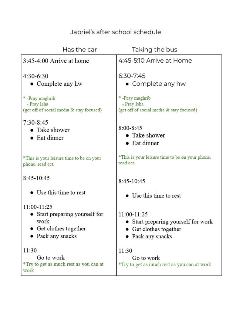 Jabriel's After School Schedule | PDF
