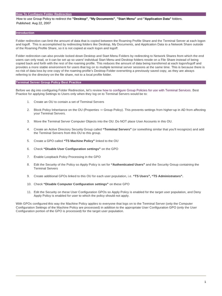 How To Configure Folder Redirection | PDF | Group Policy | Windows Registry