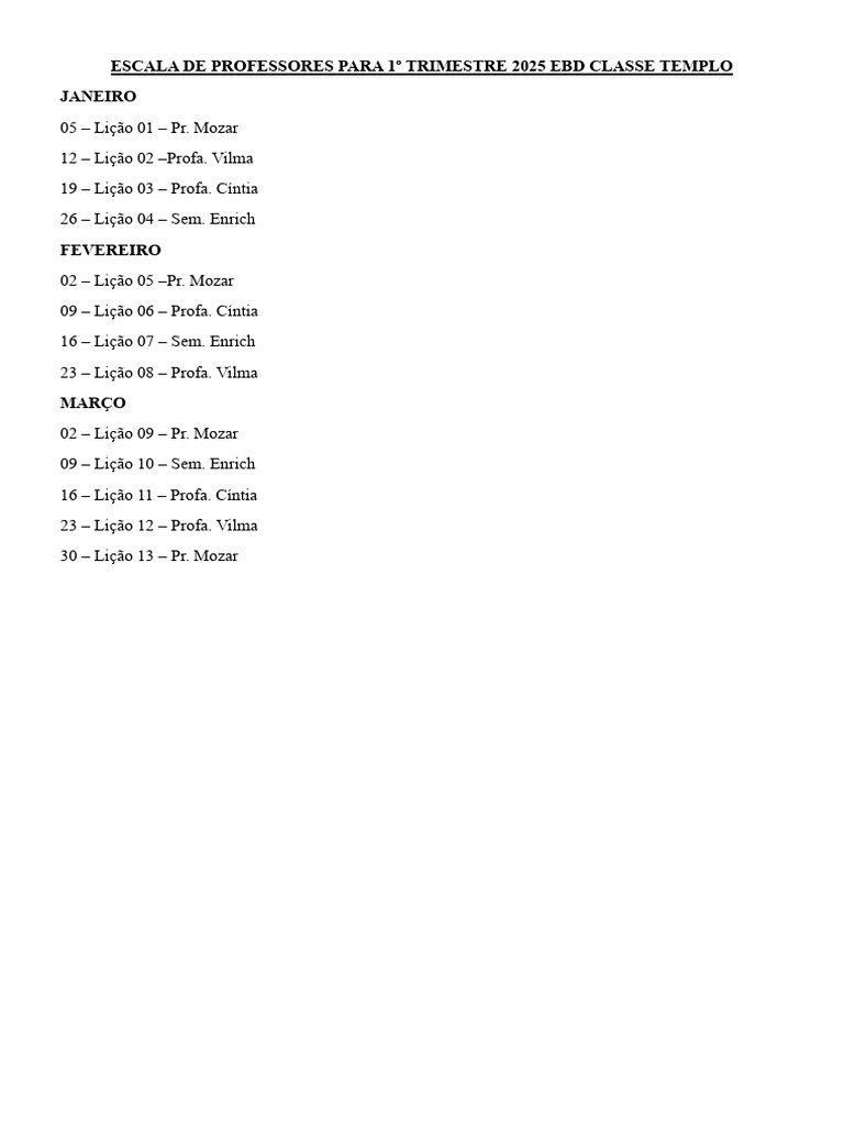 Escala de Professores Para 1º. Trimestre Ebd Classe Templo | PDF