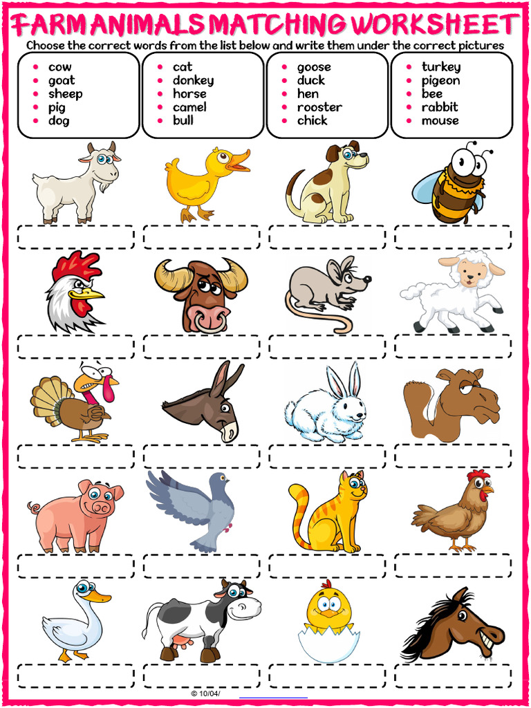 Farm Animals Vocabulary Esl Matching Exercise Worksheet For Kids | PDF