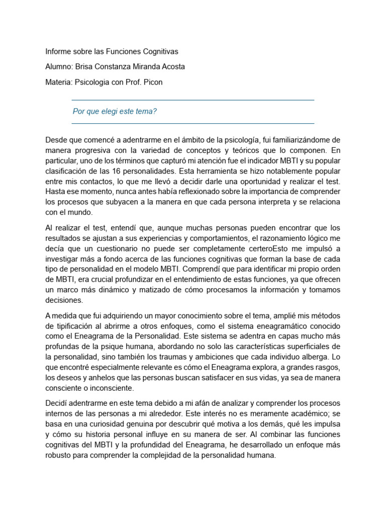 Informe Sobre Las Funciones Cognitivas PDF | PDF | Pensamiento | Sicología