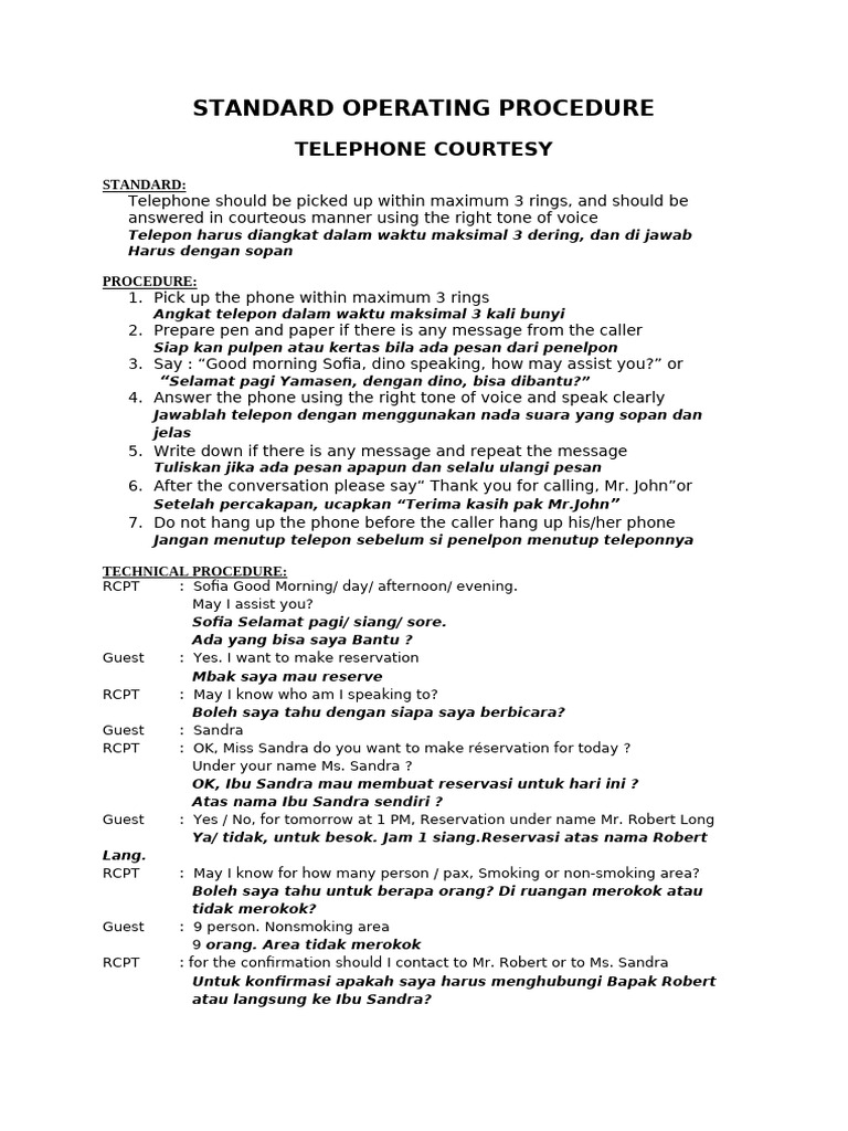 Standard Operating Procedure Telephone Courtesy | PDF