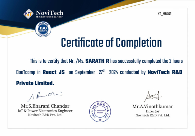 React JS Bootcamp Completion Certificate | PDF