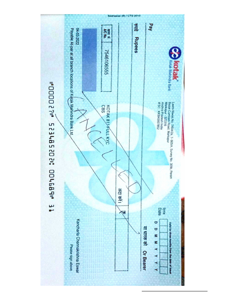 Cancelled Check - Kotak Bank | PDF