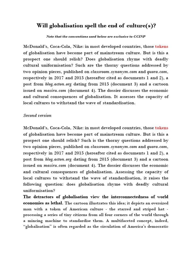 Synthèse 2018 CCINP - Will Globalisation Spell The End of Culture | PDF ...
