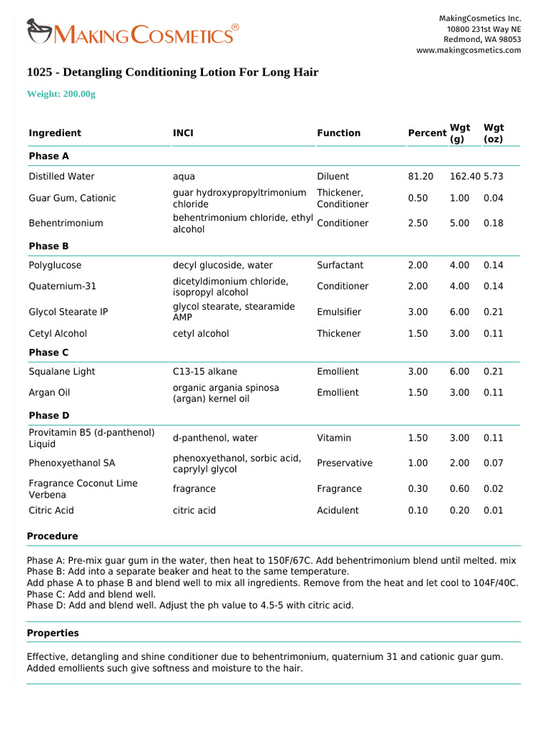 Formula 1025 Detangling Conditioning Lotion Long Hair | PDF | Chemical ...