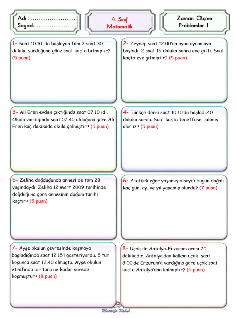 4-Matematik- ZamanÄ± Ã lÃ§me- Problemler-1 | PDF