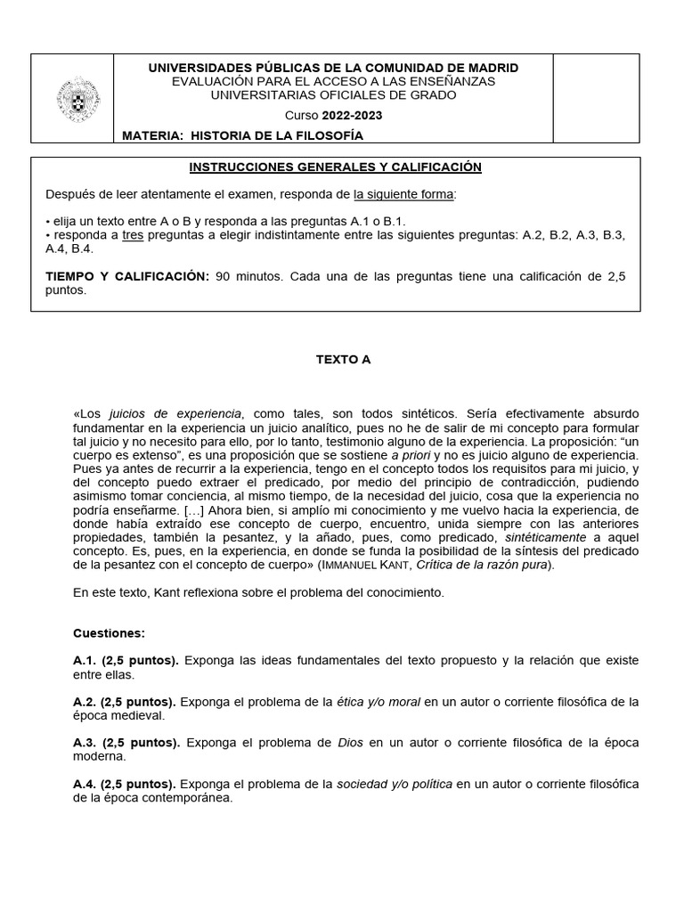 Examen+EVAU+Madrid+Historia+de+la+Filosofía+2023+Julio+Opción+AB | PDF | Immanuel Kant | Experiencia