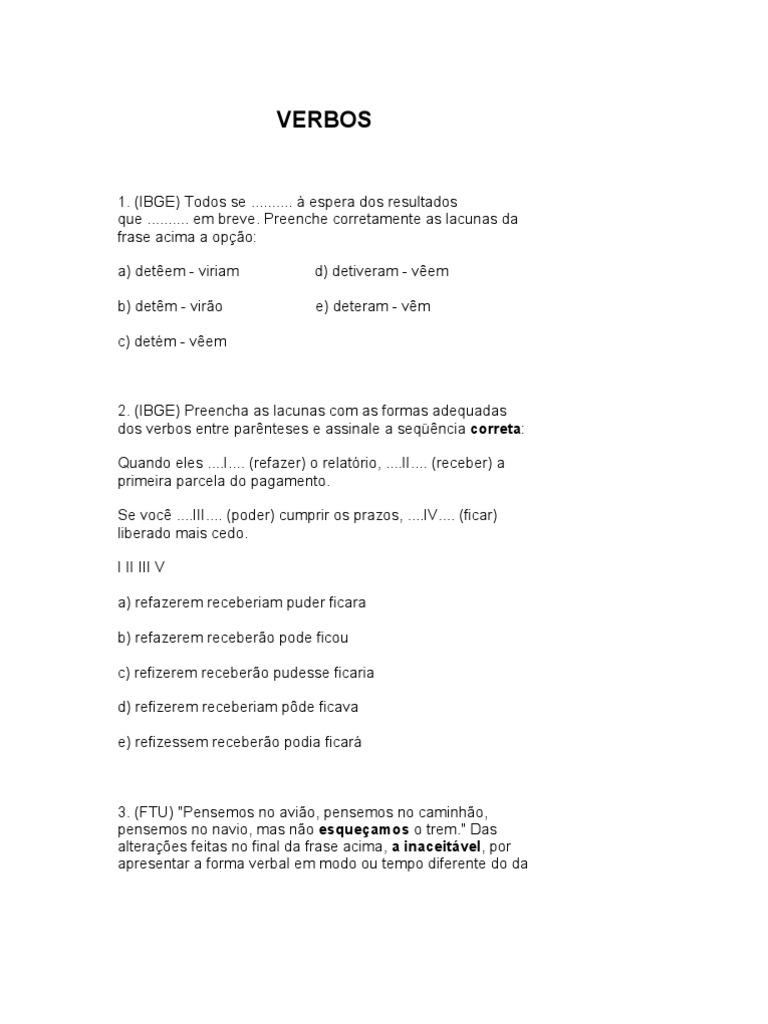 180 Exercícios VERBOS | Download grátis PDF | Tempo gramatical | Gramática