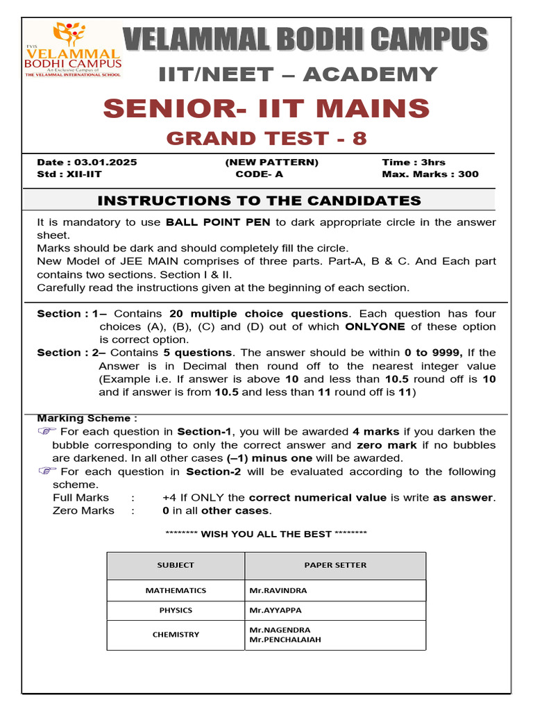 Xii-Iit GT - 8 Final QP - Code - A - 03.01-2025 | PDF | Chemical Reactions | Hydrogen