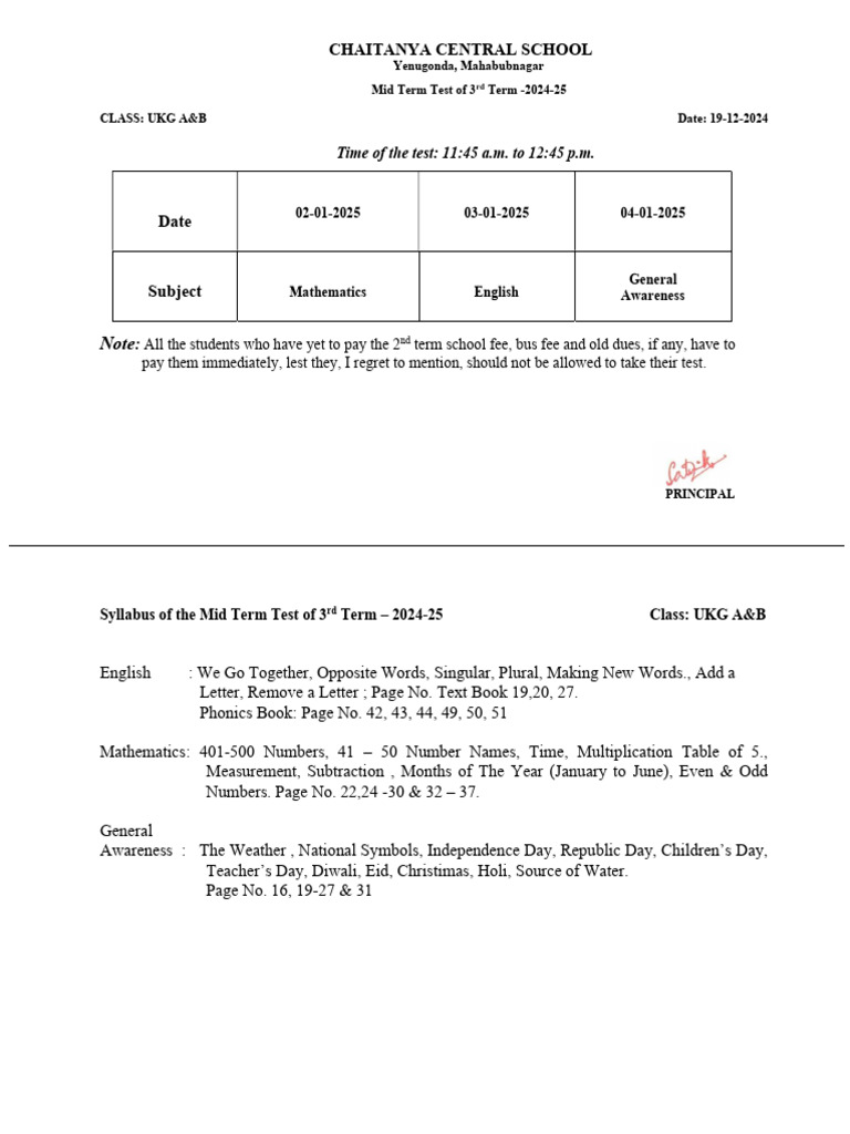 Class Ukg Mid Term (Term 3) Timetable & Syllabus 1 | PDF