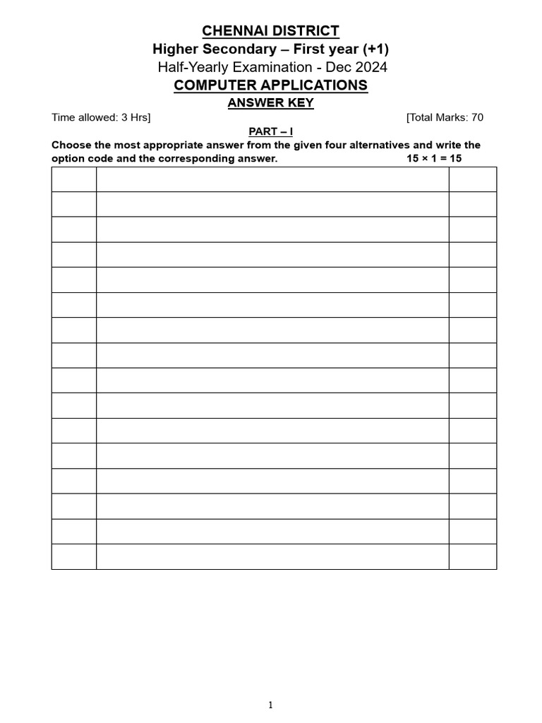 11-CA-Halfyearly-EM-2024-Answer Key | PDF | Computer Data Storage | Random Access Memory