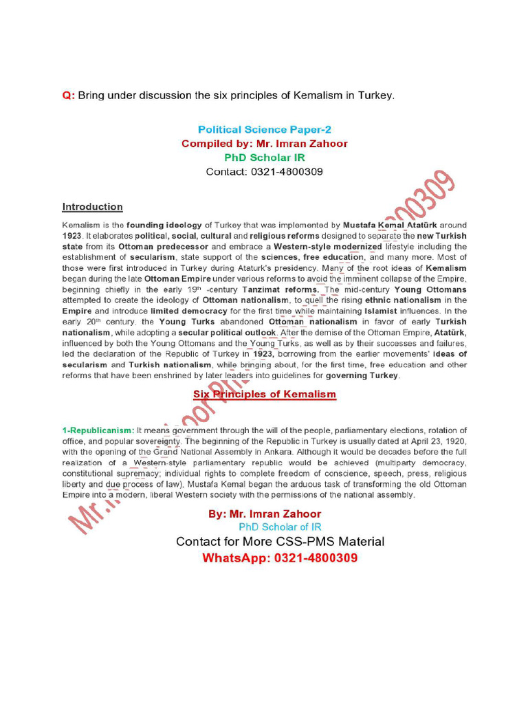 Solved Question Six Principles of Kemalism | PDF