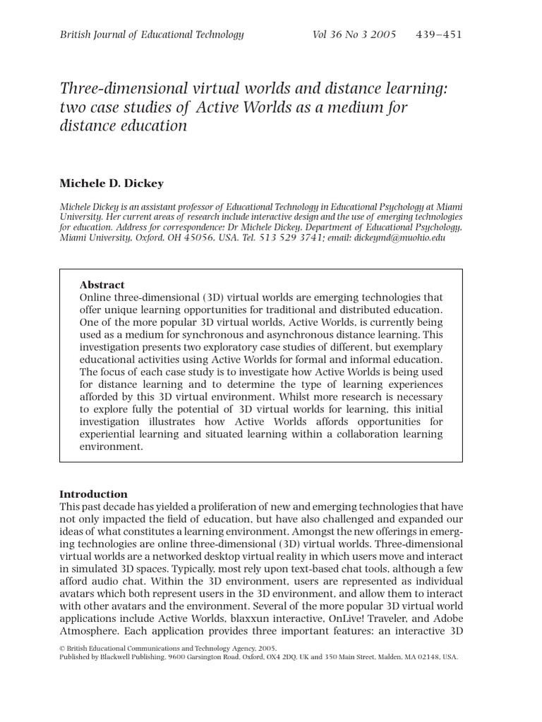 Dickey 2005 Three-Dimensional Virtual Worlds and Distance Learning | PDF | Learning ...