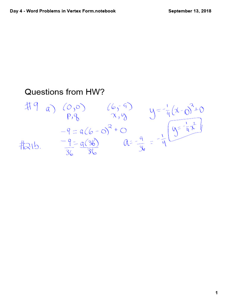 Day 4 - Word Problems in Vertex Form | PDF