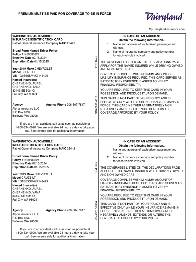 Auto Insurance Dairyland ID Card (Chevy) | PDF | Insurance | Vehicle ...