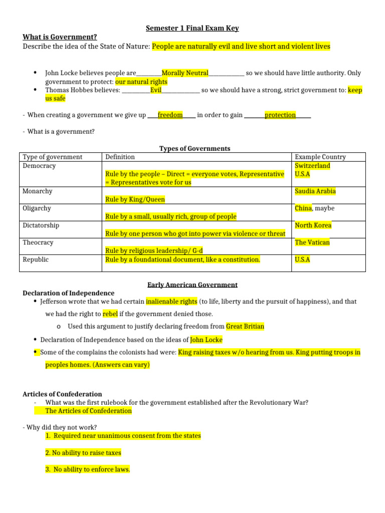 Government Semester 1 Exam Study Guide Filled Out | PDF | American ...
