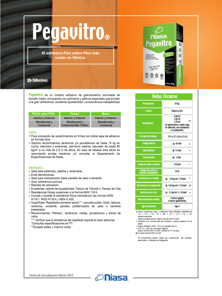 Ficha Pegavitro Esp 2024 | PDF | Hormigón | Adhesivo