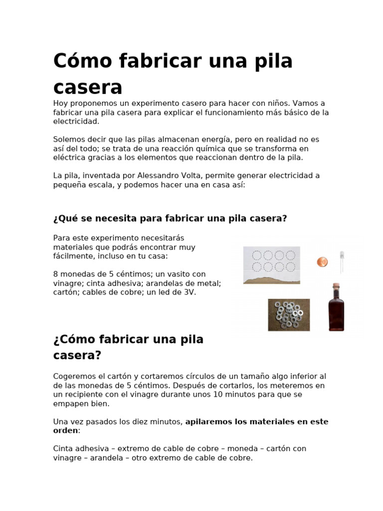 Cómo Fabricar Una Pila Casera | PDF | Corriente eléctrica | Electricidad