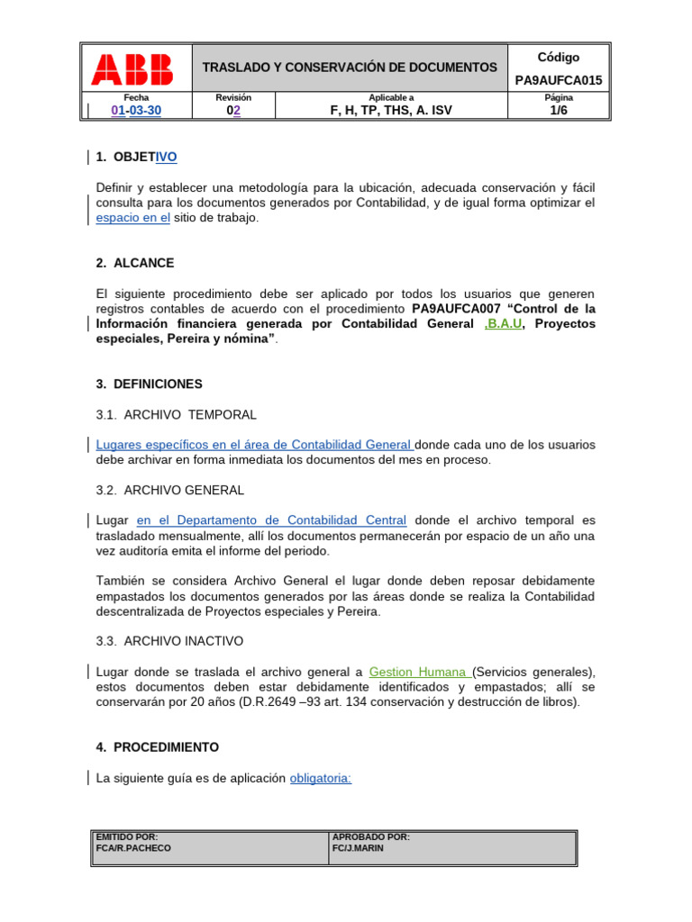 Procedimiento de Trasado y Conservacion de Documentos | PDF | Contabilidad | Contador