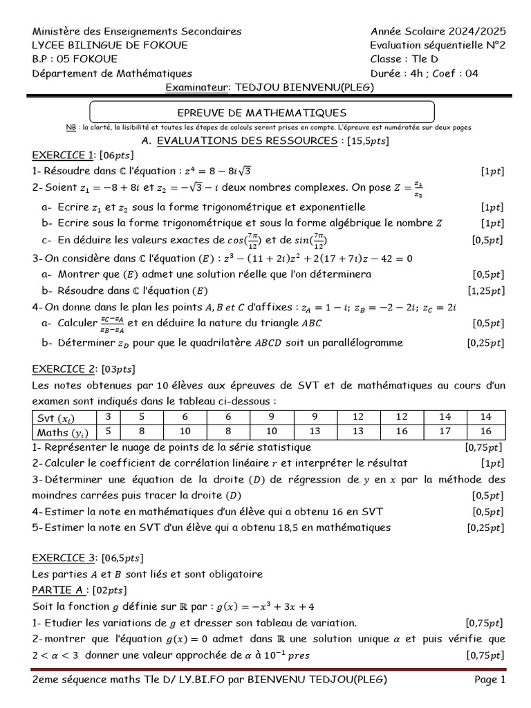 Évaluation Maths Tle D - 2ème Séquence | PDF | Nombre complexe | Racine ...