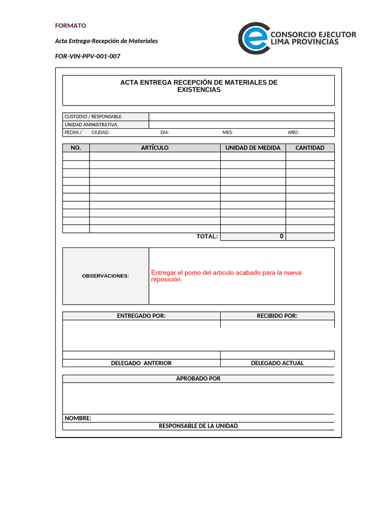 FOR Acta Entrega Recepción de Materiales | PDF