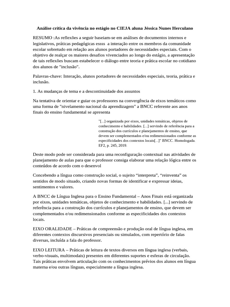Análise Crítica Da Vivência No Estágio No CIEJA Aluna Jéssica Nunes ... Análise Crítica Da Vivência No Estágio No CIEJA Aluna Jéssica Nunes ...