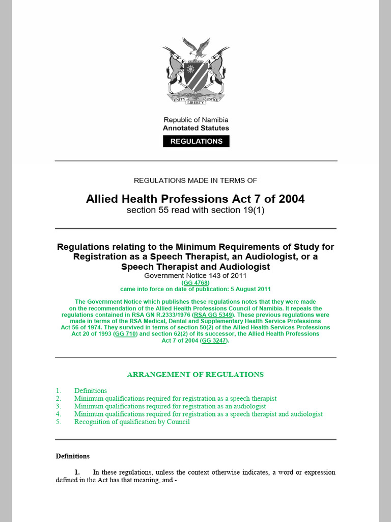 Allied Health Professions Act 7 of 2004-Regulations 2011-143 | PDF | Audiology | Human Communication