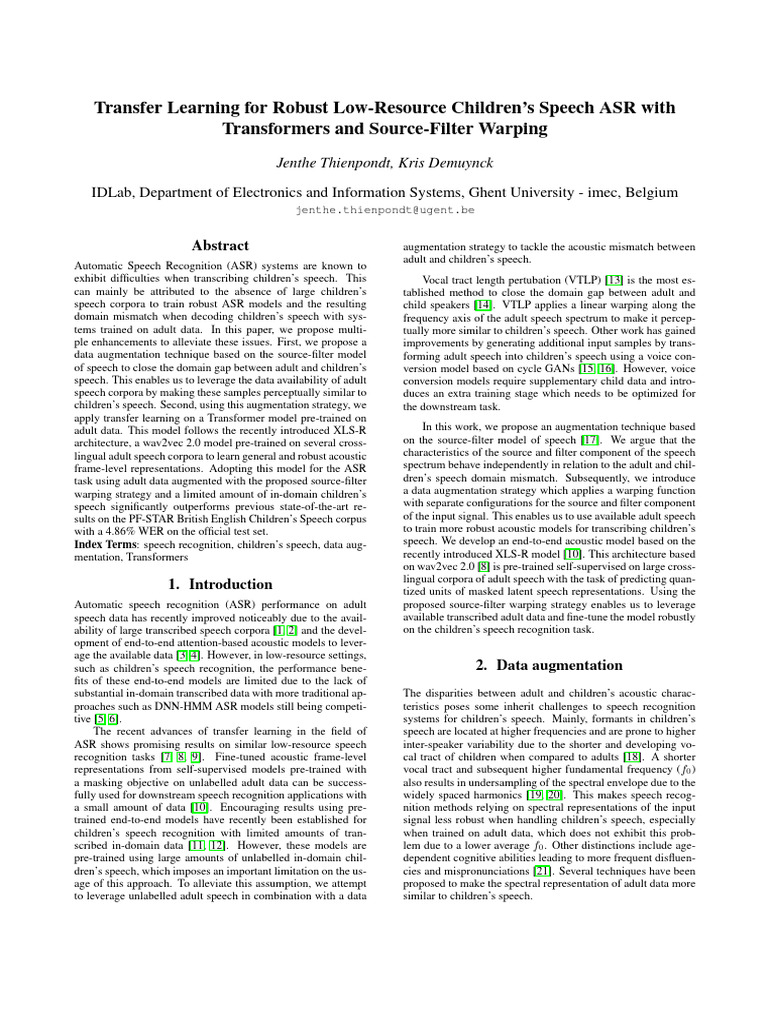 Transfer Learning For Robust Low-Resource Children's Speech ASR With Transformers and Source ...