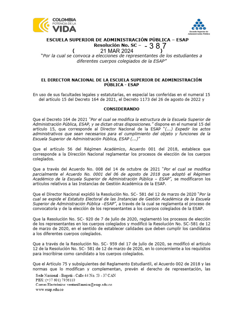 Convocatoria Elecciones Estudiantiles ESAP | PDF | Votación | Educación más alta