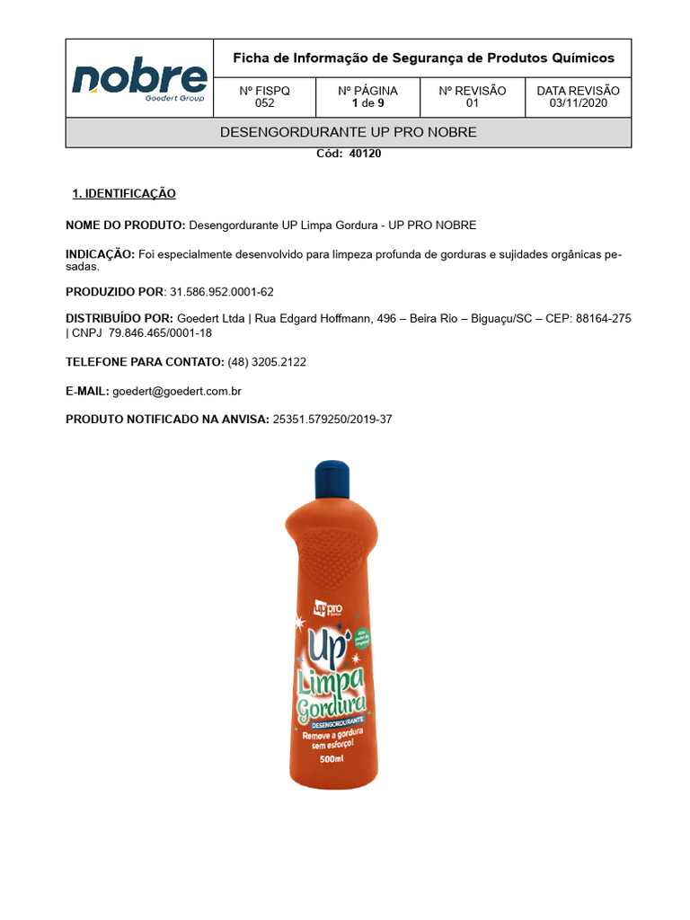 Ficha de Segurança: Desengordurante UP PRO | PDF | Embalagem e ...