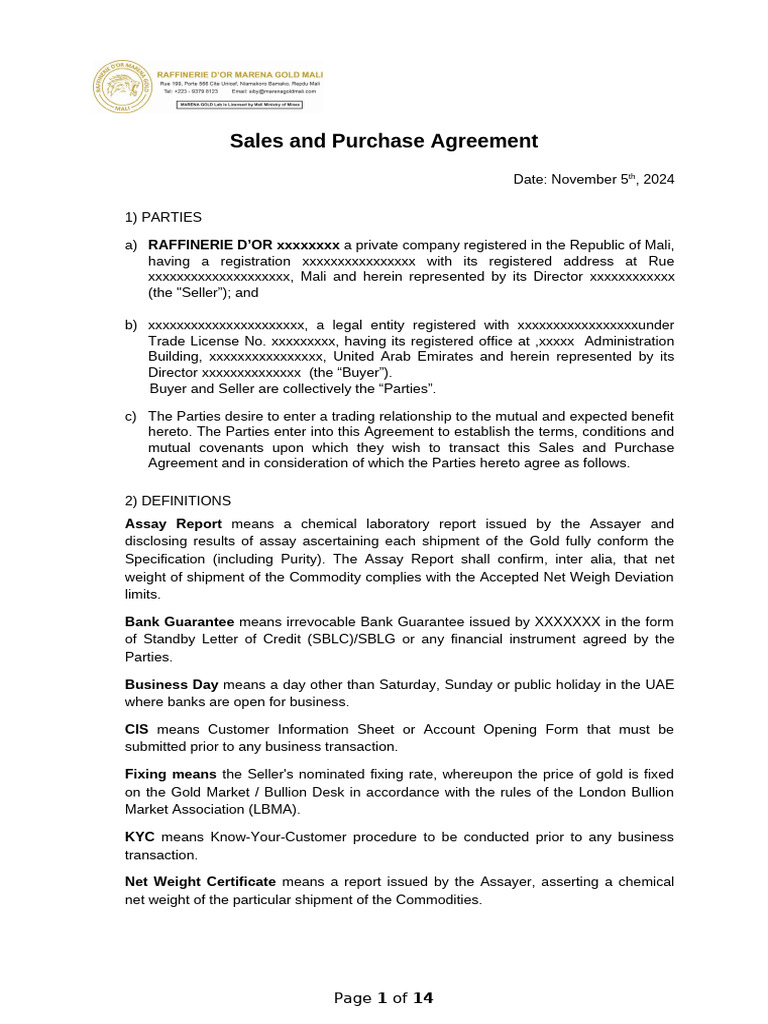 Draft Sales and Purchase Agreement 2024 SBLC | PDF | Letter Of Credit