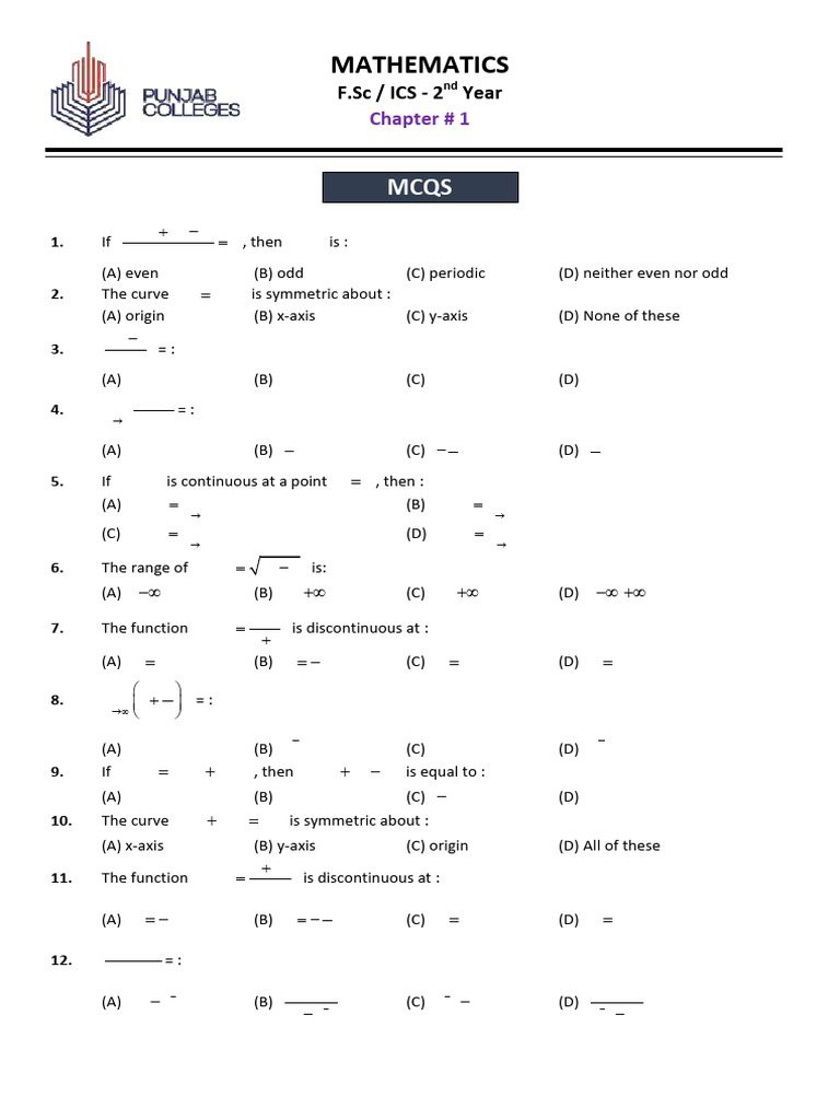 Mathematics MCQs for F.Sc/ICS 2nd Year | PDF | Line (Geometry) | Equations