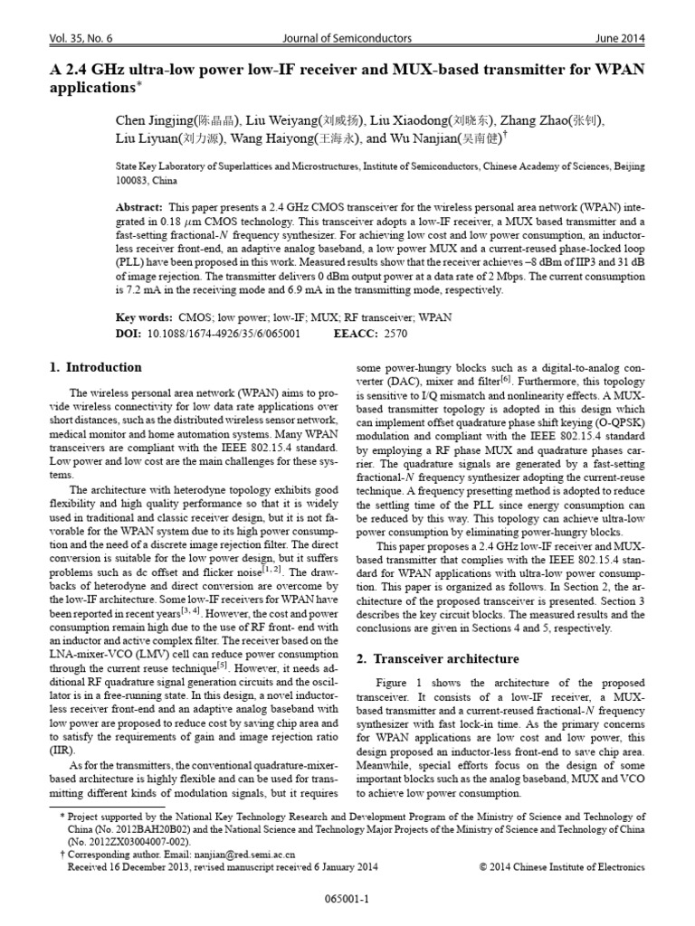 A 2.4 GHZ Ultra-Low Power low-IF Receiver and MUX-based Transmitter For ...